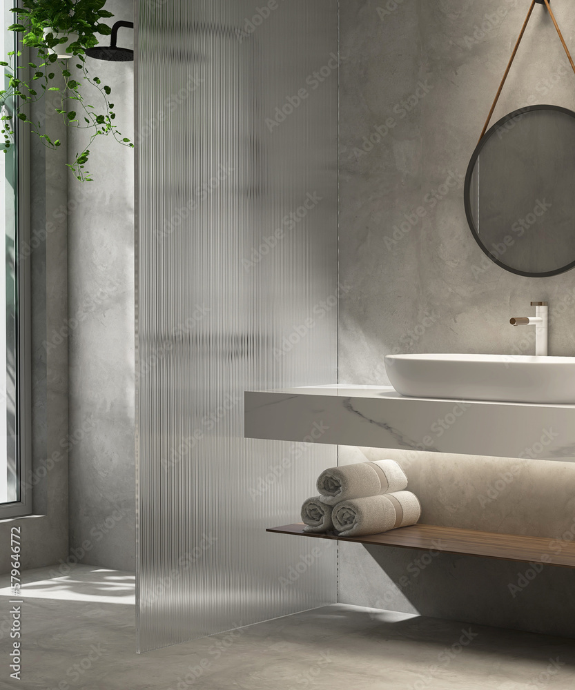 Reeded glass partition between white marble vanity counter, round ...