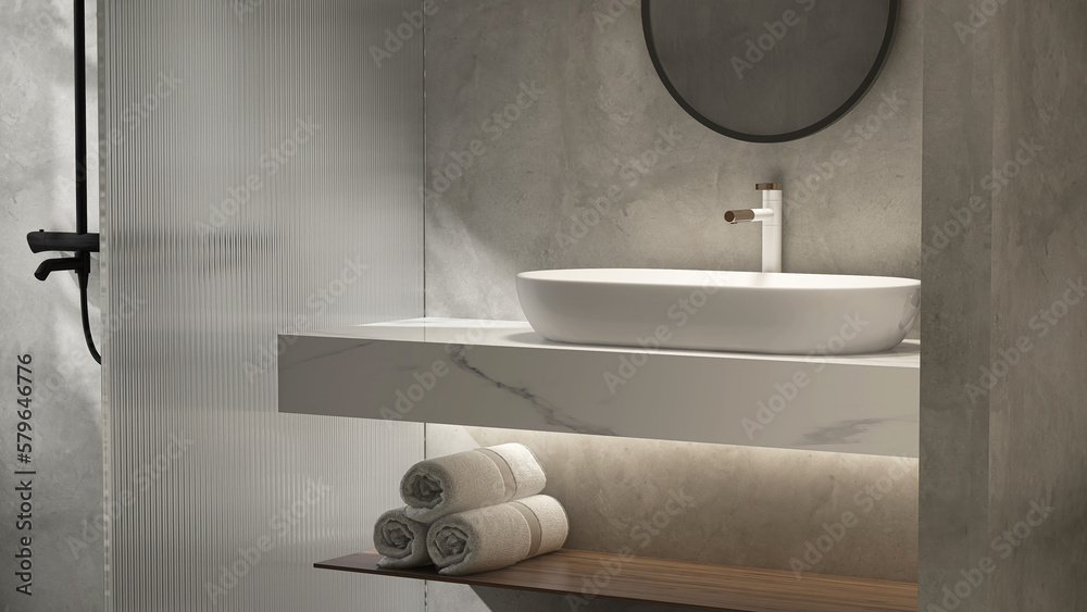 Modern loft white marble vanity counter, ceramic washbasin, black round ...