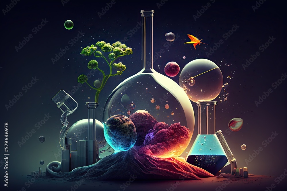 Science background illustration, scientific design. Flasks, glass and ...
