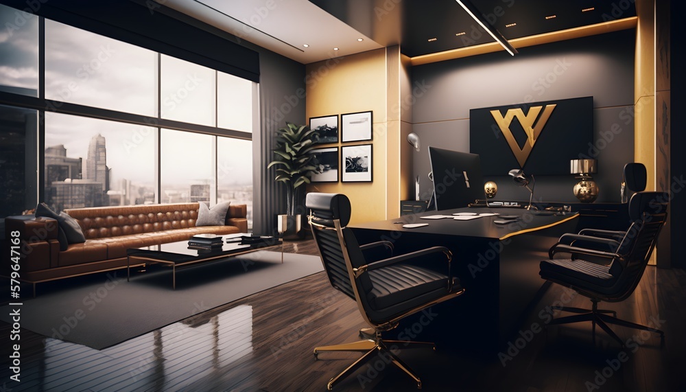 Award-winning modern office of a CEO. Low-angle view capturing the full ...