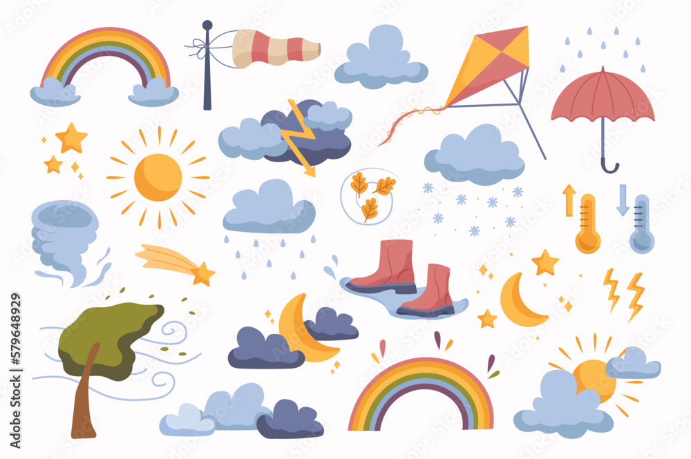 Funny and cute weather icons set concept without people scene in the ...