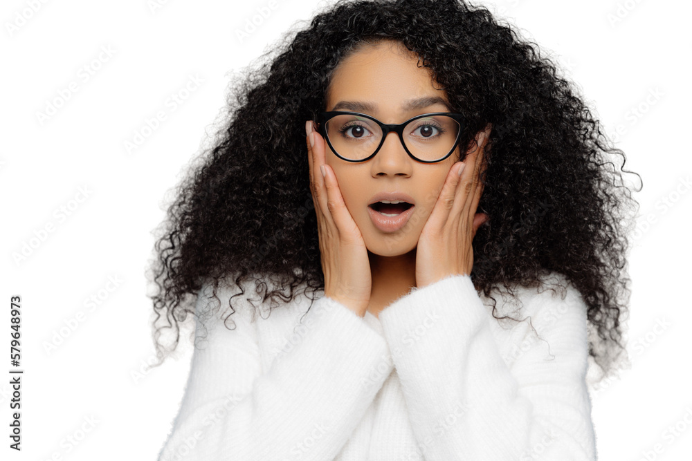 Close up portrait of shocked concerned young woman with dark skin and ...