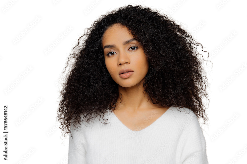 Portrait of serious beautiful dark skinned female with frizzy black ...