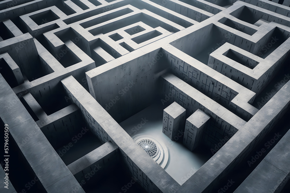 White labyrinth complex problem solving concept. Neural network AI ...