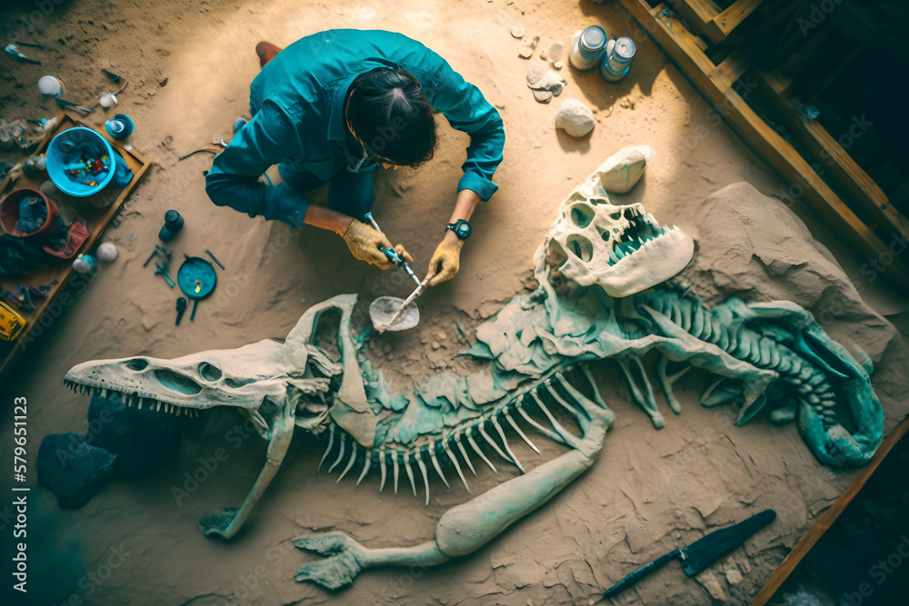 Archaeologist works on an archaeological site with dinosaur skeleton in ...