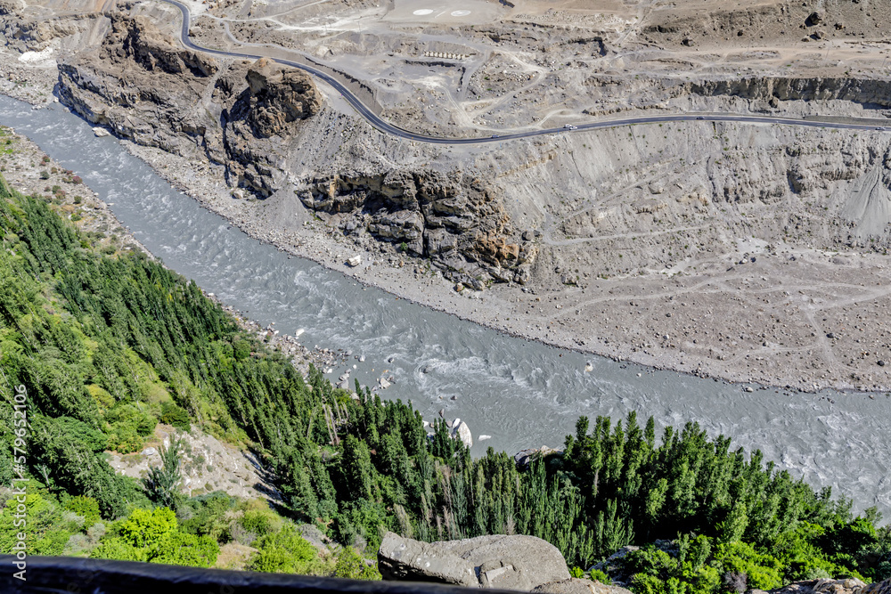 Low angel view from Altit Fort of Hunza River and Karakorum Highway ...