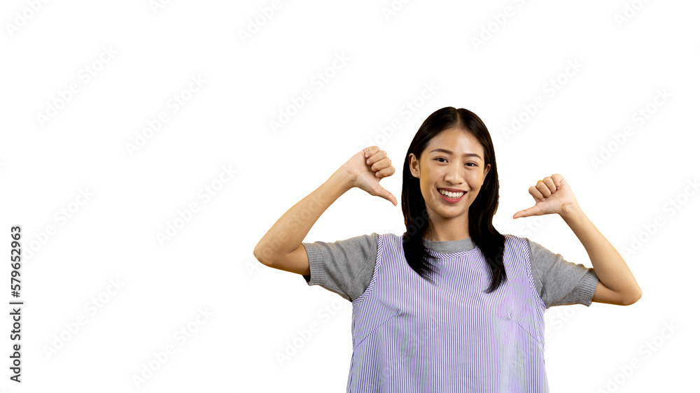 Young Asian woman pointing finger at herself, Concept of love yourself ...