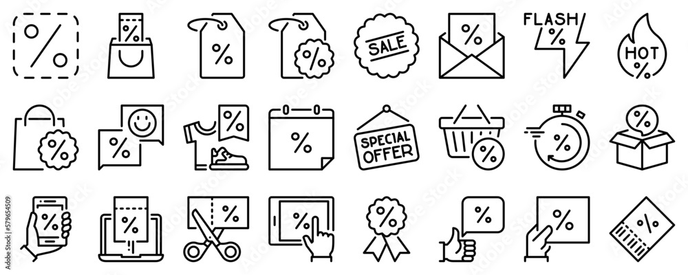 Line icons about discounts and offers on transparent background with ...