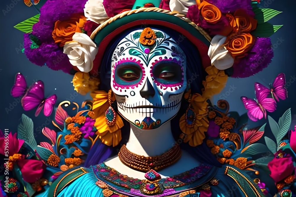 Beautiful Catrina for the day of the dead with flowers. Garbancera ...
