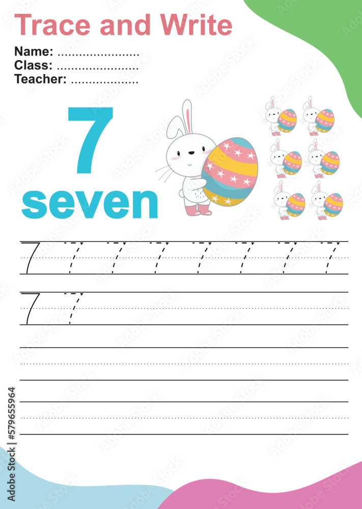 Number seven tracing practice worksheet with 7 rabbits with easter egg ...