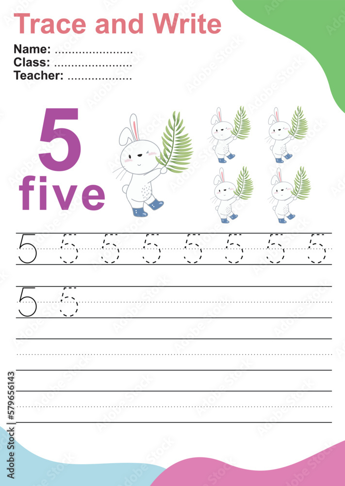 Number five tracing practice worksheet with 5 rabbits holding a palm ...