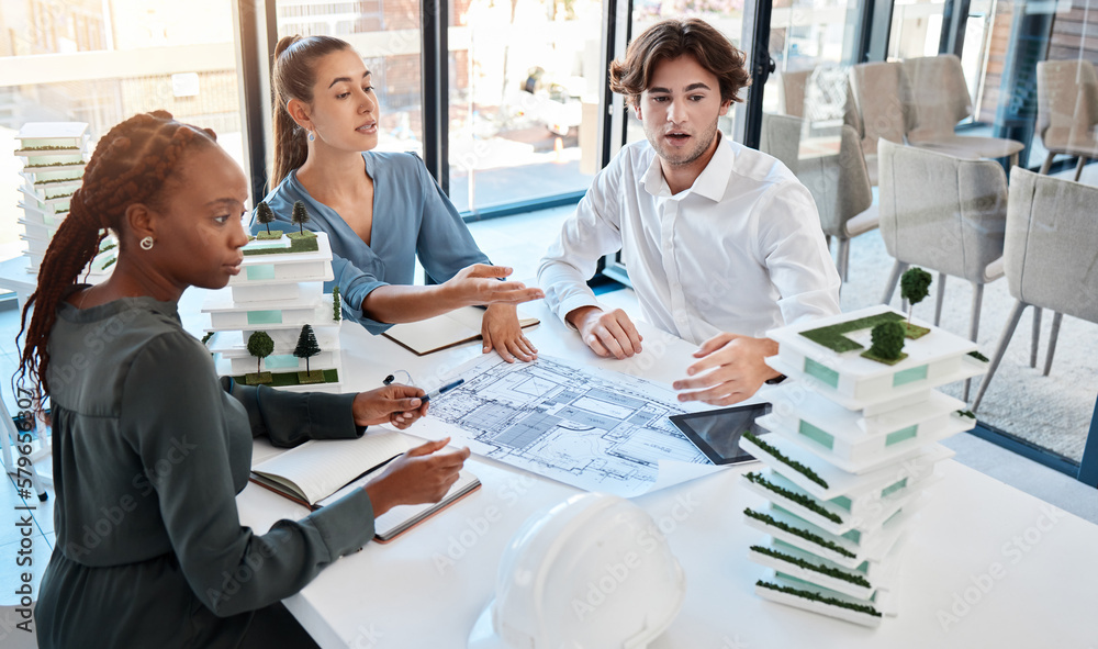 Architect team, collaboration and planning in meeting discussion for ...