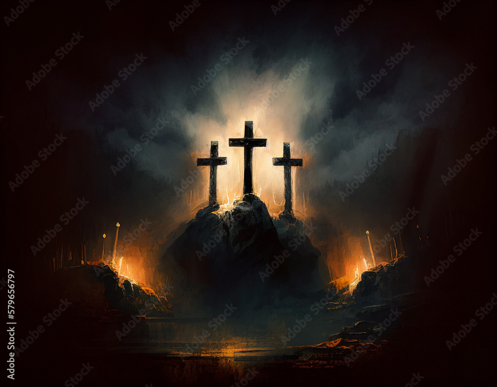 Three crosses on Calvary oil painting symbolic of the crucifixion of ...