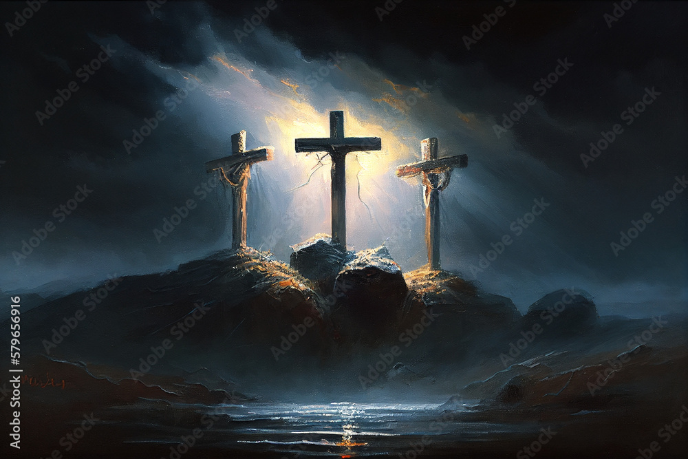 Three crosses on Calvary oil painting symbolic of the crucifixion of Jesus Christ created with ...