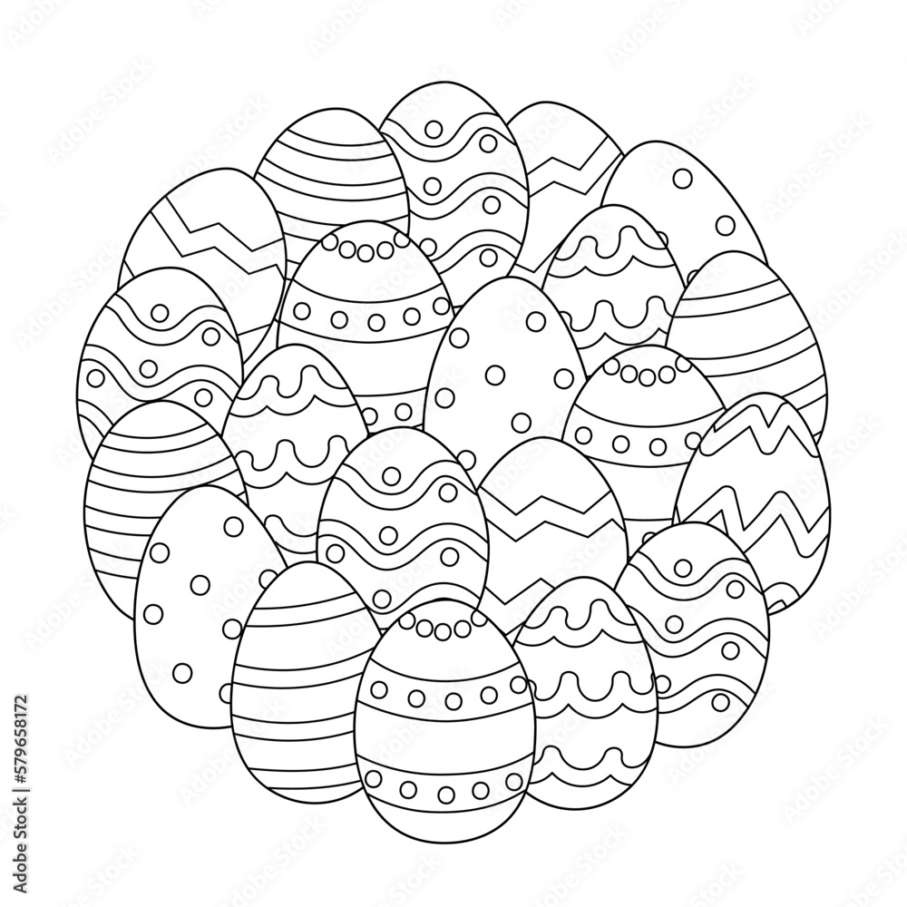 Easter eggs circle shape coloring page. Ornamental doodle eggs mandala ...