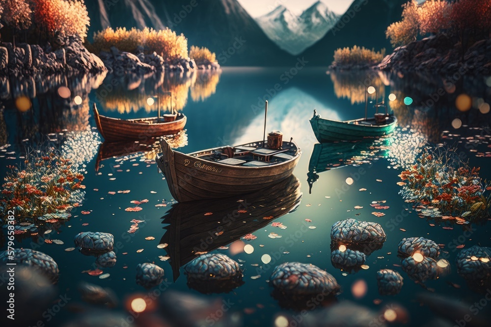 Hyper-detailed Lake with Floating Boats & Shimmering Particles: Unreal ...