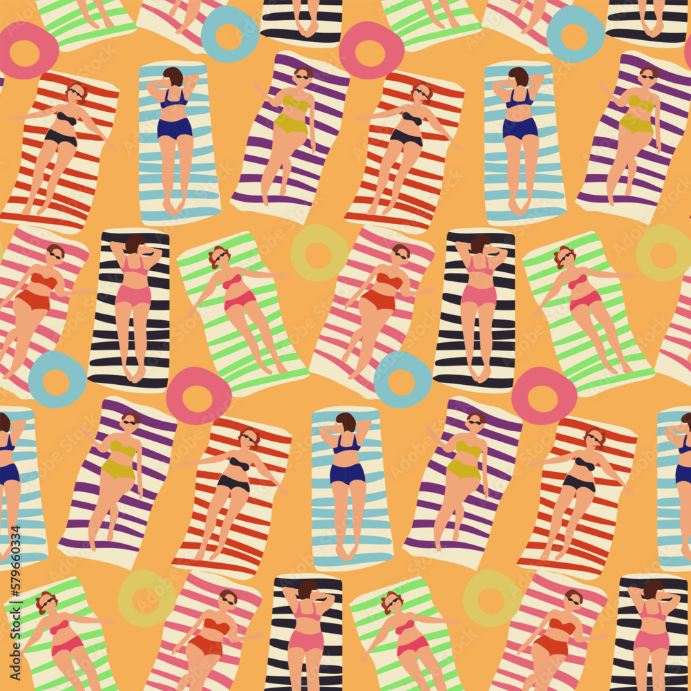 Vector pattern with girls on striped bedspreads sunbathing on the beach ...
