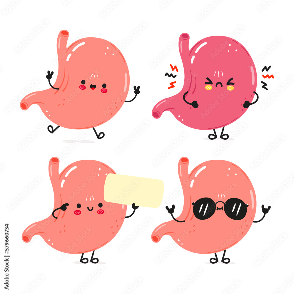 Funny stomach characters bundle set. Vector hand drawn doodle style ...