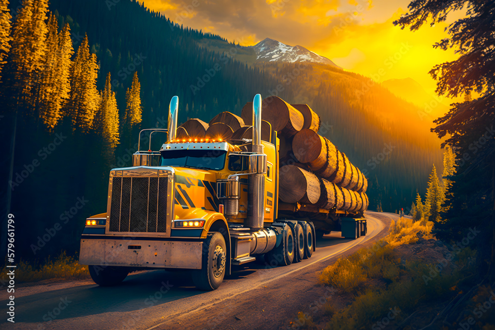 Semi truck with a trailer surrounded by forest and logs drives along ...