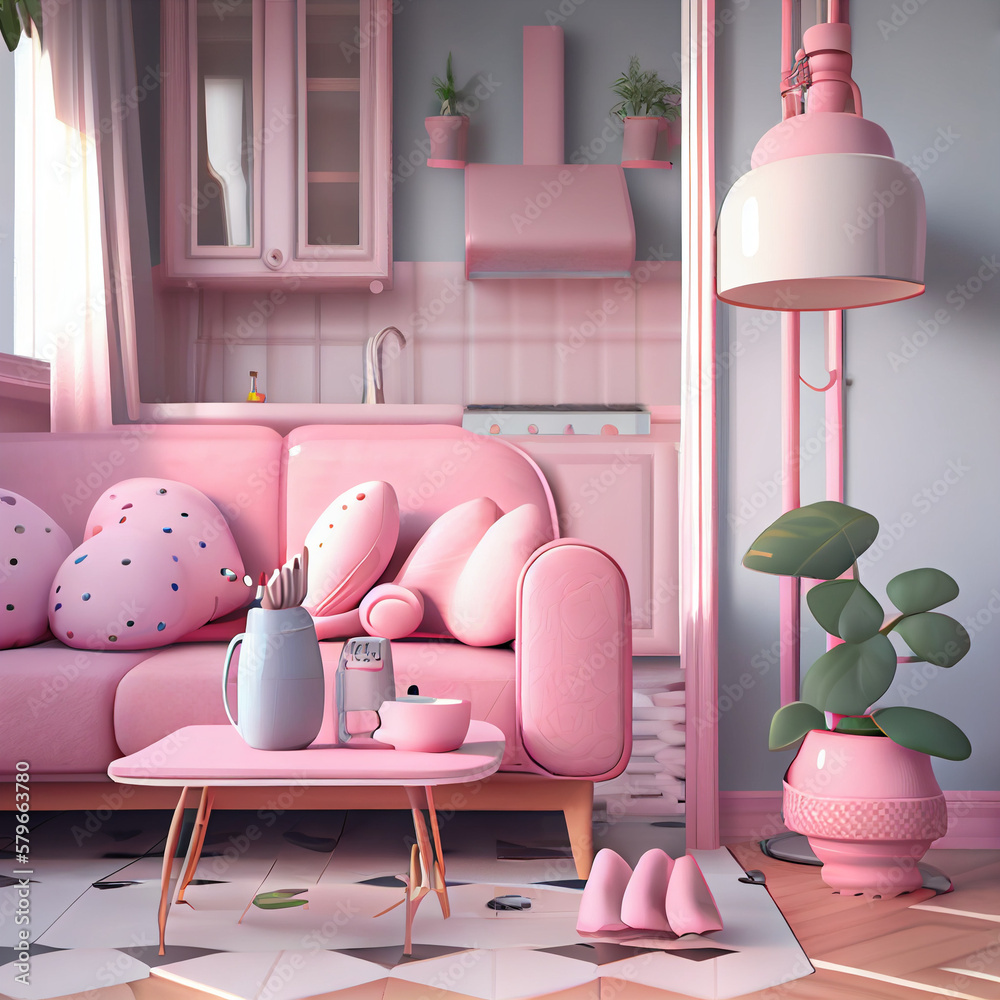 realistic 3d style of a living rooms . pastel colors. by generative ai ...