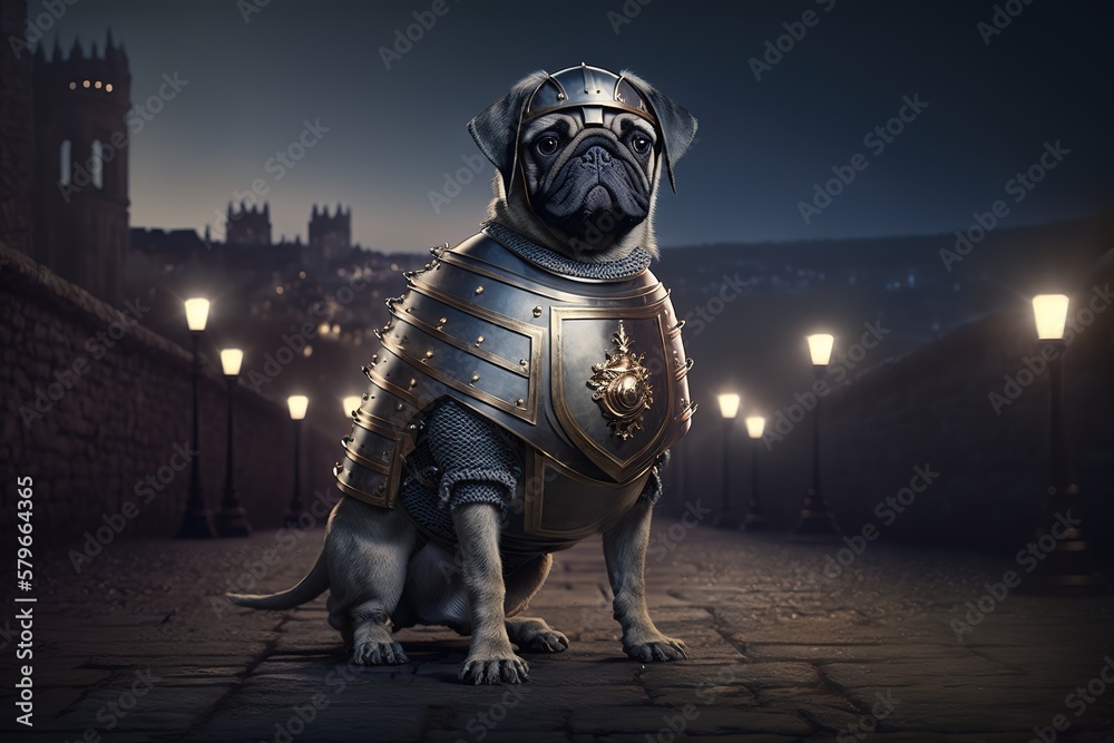 Pug dog in the armor of a knight on the background of an old castle ...