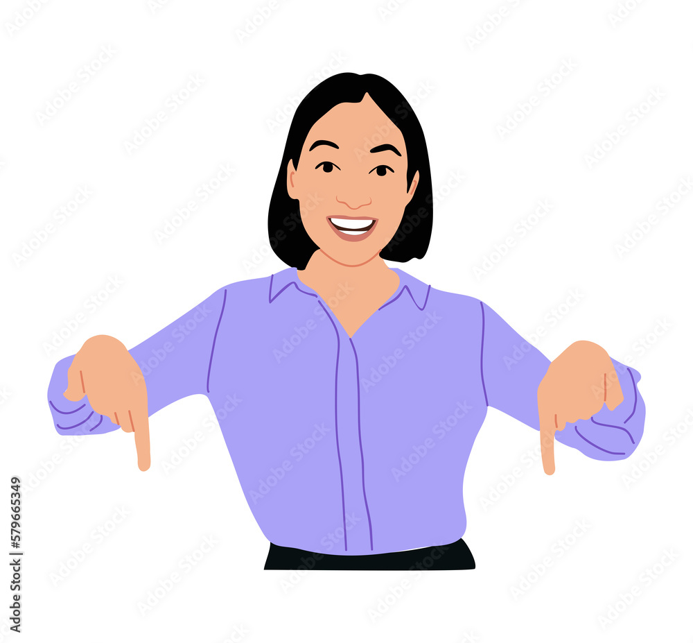 Smiling girl pointing down with fingers. Happy excited woman showing ...