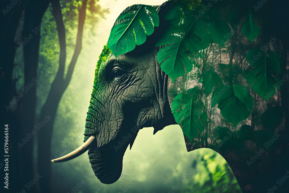 Muzzle of Elephant profile silhouette with leaves of tropical ...