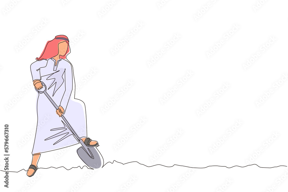 Single one line drawing Arabian businessman digging in dirt using ...