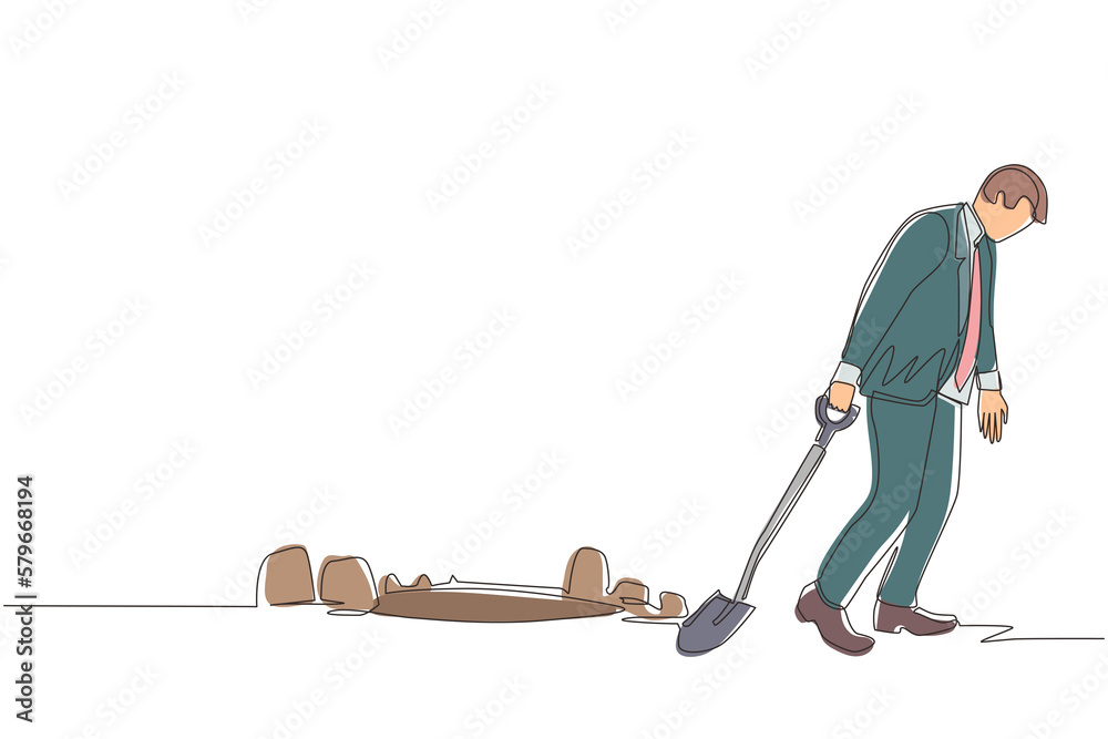 Single continuous line drawing businessman walking unsteadily leaving ...