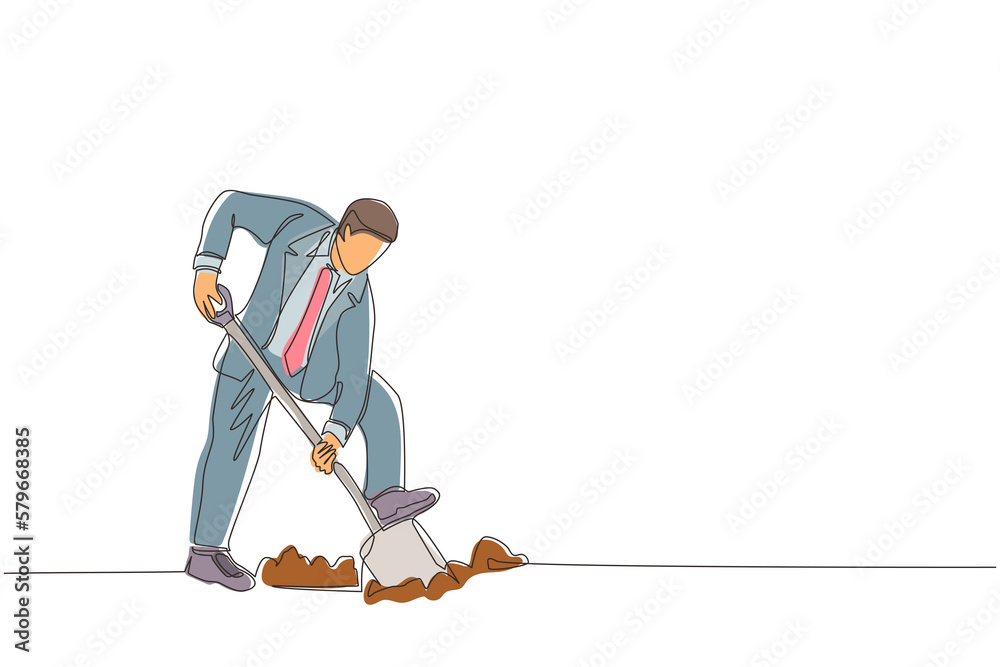 Ilustrace „Single one line drawing businessman digging in dirt using ...