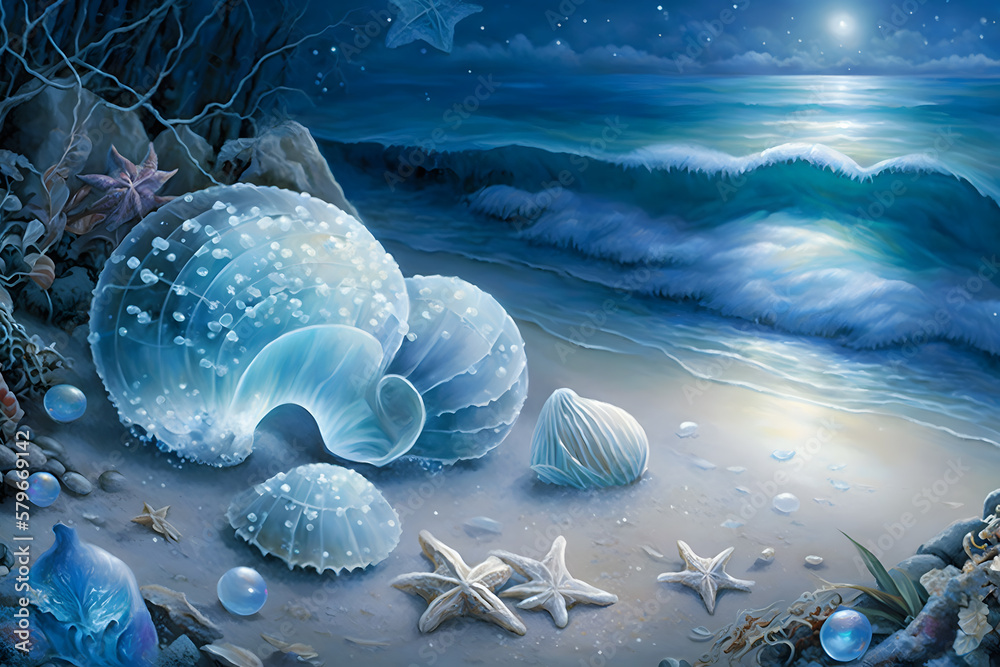 Fantasy night seascape with magic seashells. Neural network AI ...