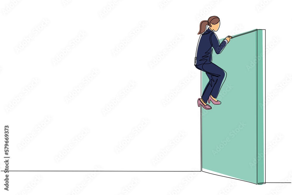 Continuous one line drawing businesswoman overcame wall obstacles that ...