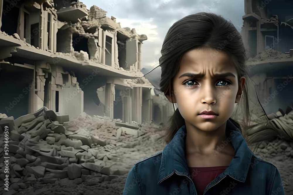 sad girl standing in front of collapsed buildings area, natural ...