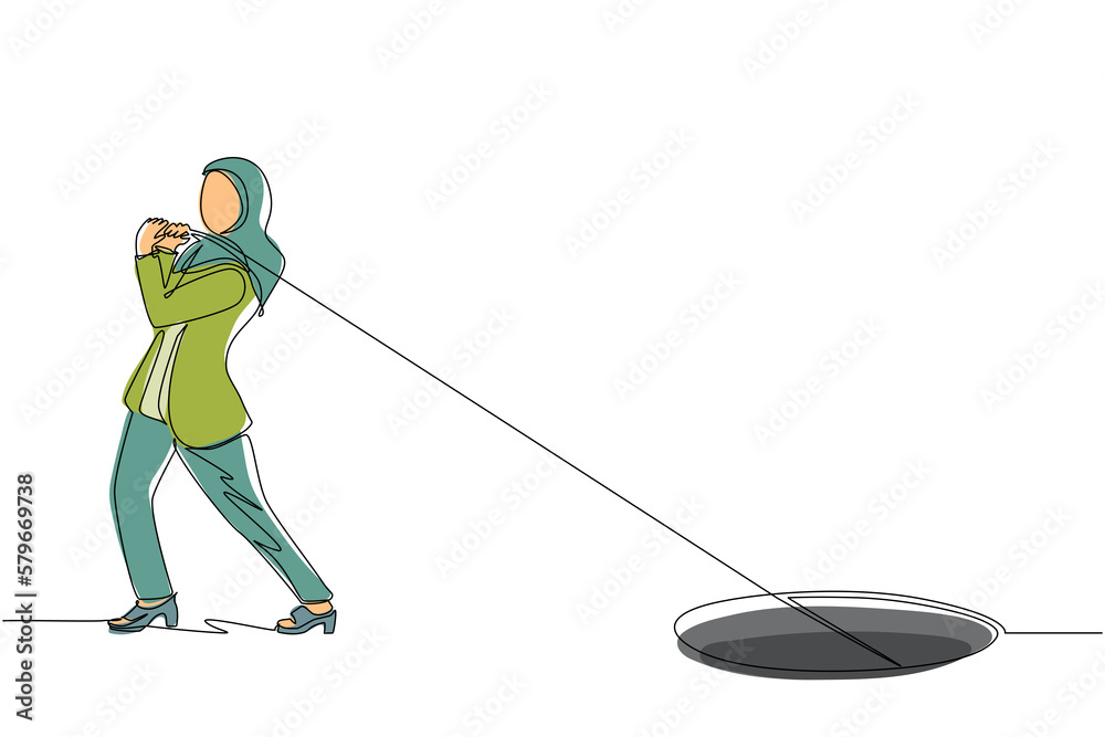 Single continuous line drawing Arabian businesswoman trying hard ...
