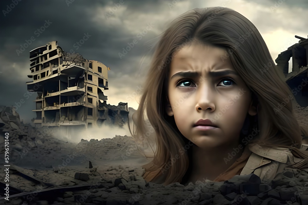 sad girl standing in front of collapsed buildings area, natural ...