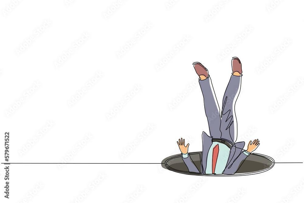 Continuous one line drawing businessman falling into pit hole. Legs up ...