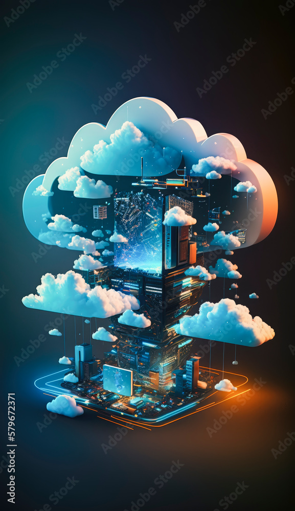 Cloud sevice visualized by a futuristic scene with future technology in ...