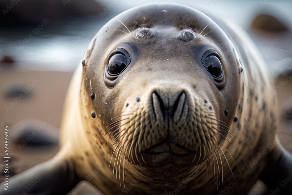 Extreme close-up of a seal on a beach, staring intently into the lens ...