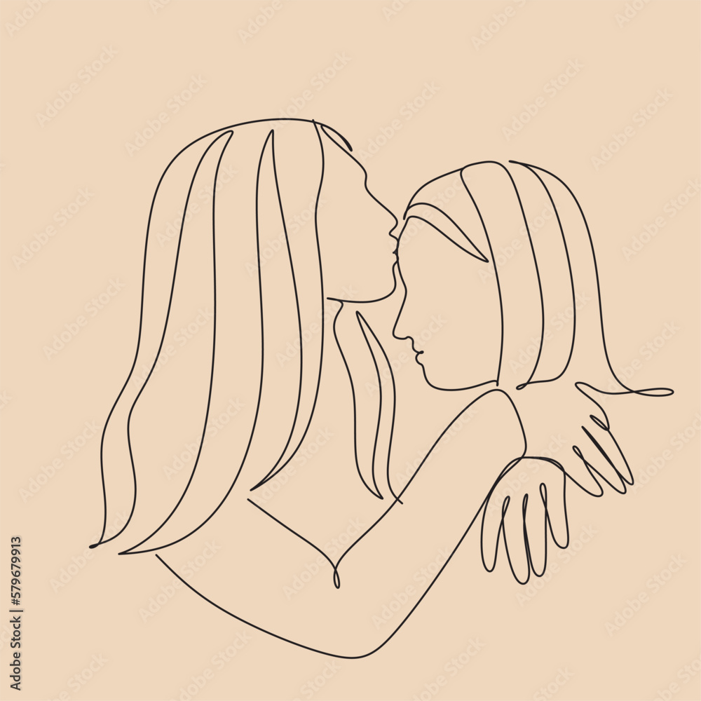 Two girls are hugging line art. Abstract portrait of a pretty young ...