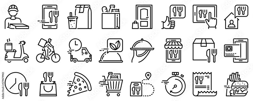 Line icons about food delivery on transparent background with editable ...