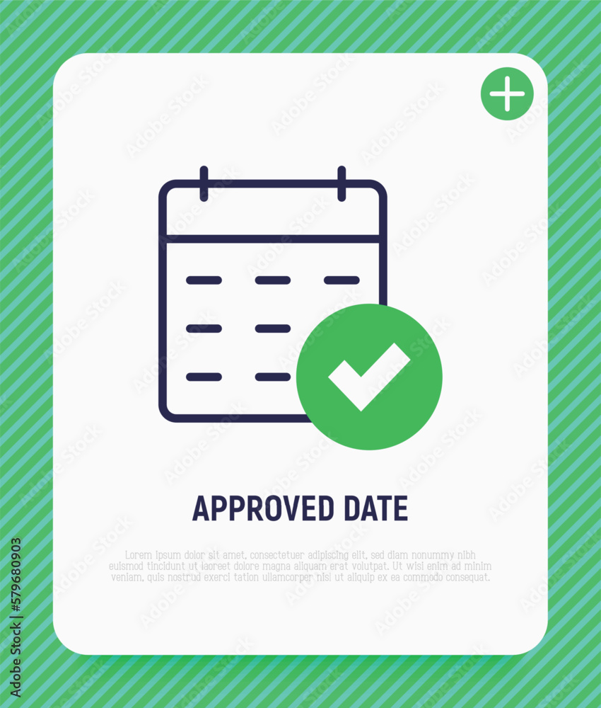 Approved date thin line icon. Calendar with check mark. Business plan ...