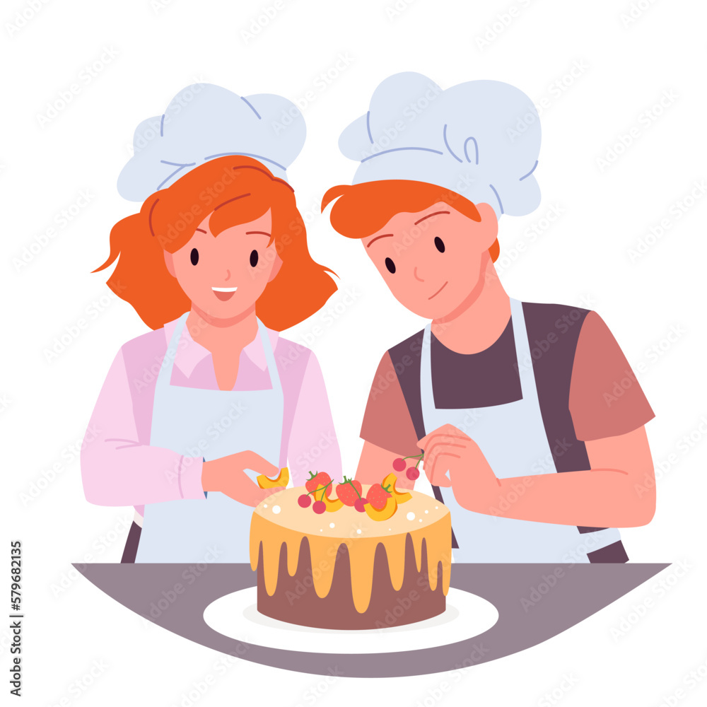 Kids bake cake vector illustration. Cartoon cute children bakers cook ...
