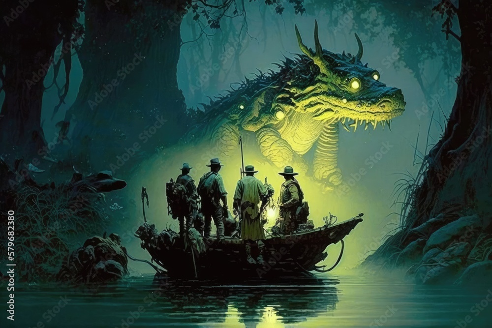 Dragon in a swamp with adventurer on a boat, illustration, ai art ...