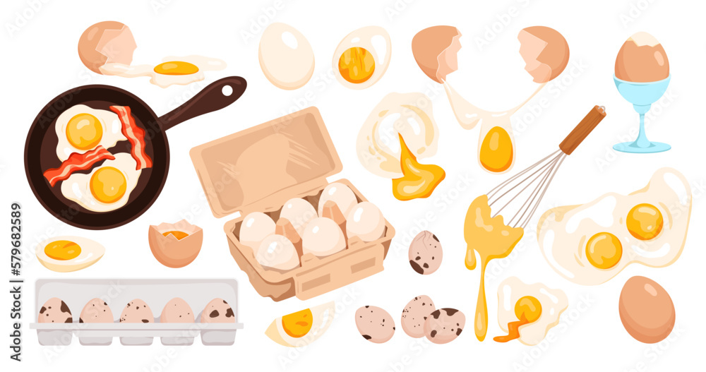 Cartoon whole fresh or boiled egg in shell or peeled, cut in half and ...