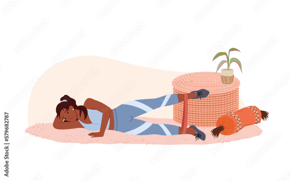 Sport exercise of woman with elastic band vector illustration. Cartoon ...