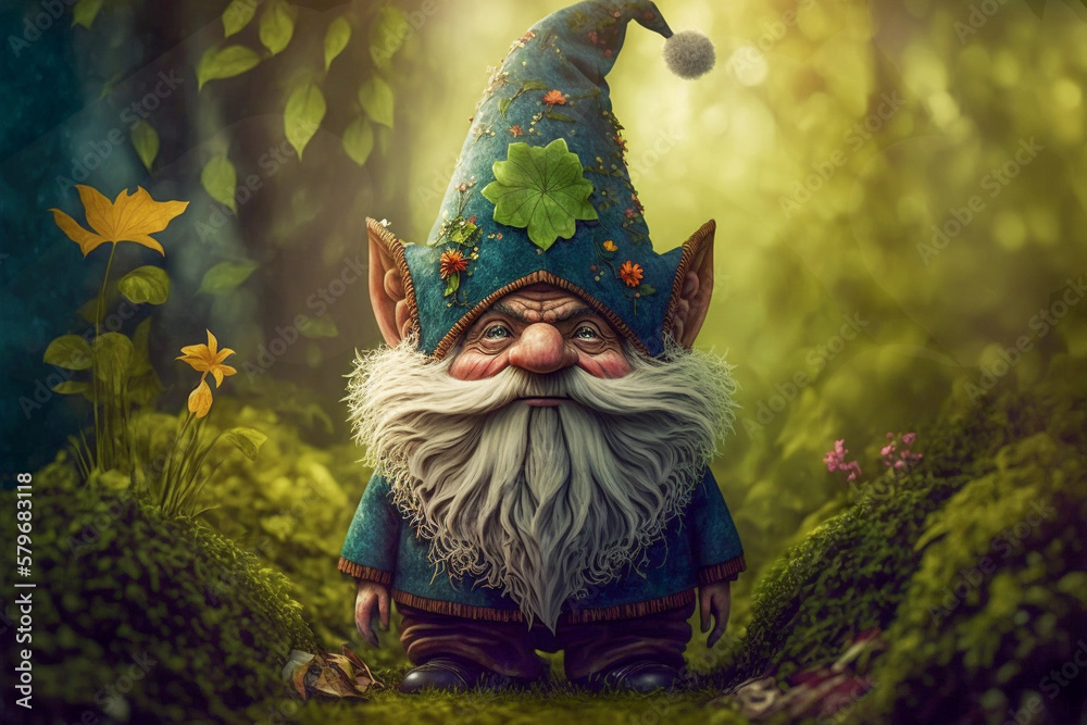 Gnome and fantasy creature in a dark forest, created with Generative AI ...