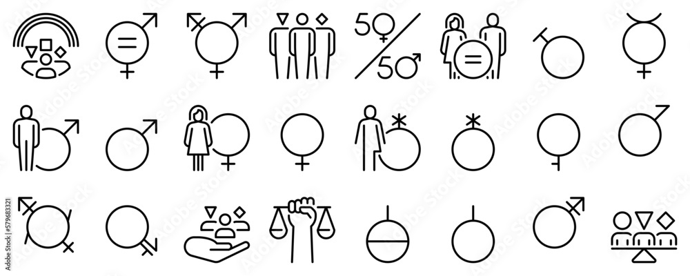 Line icons about gender identity on transparent background with ...
