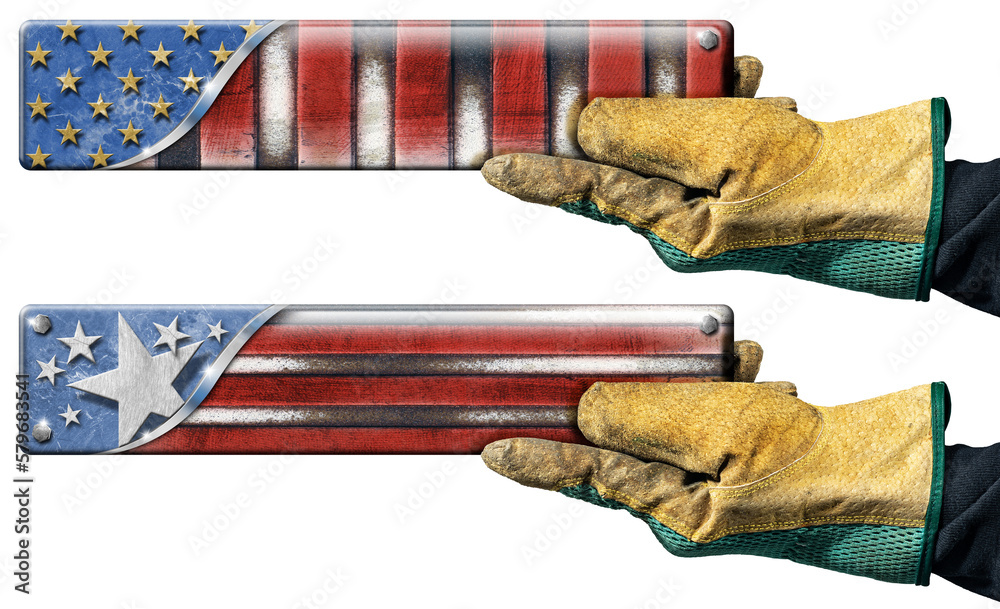 Manual worker with protective work gloves holding a metal national flag ...