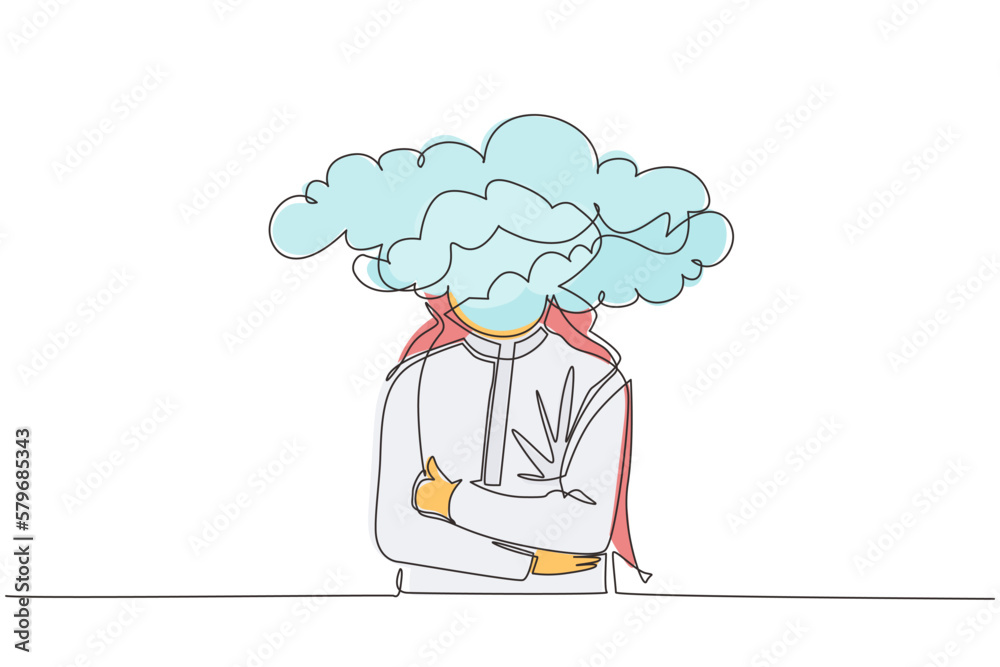 Continuous one line drawing cloud head businessman. Arab man with empty ...