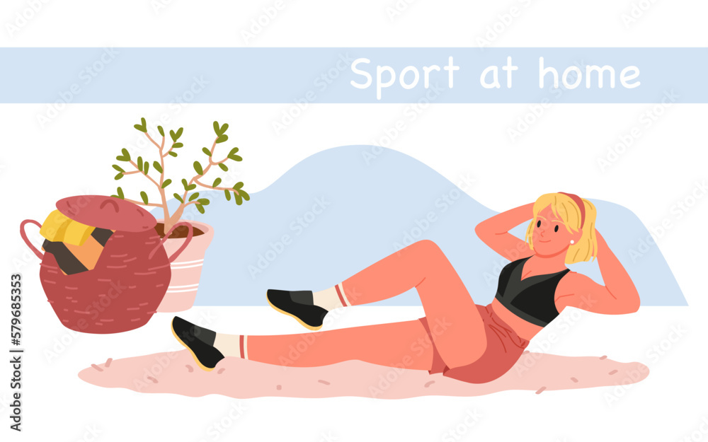 Sport at home banner design vector illustration. Cartoon active woman ...
